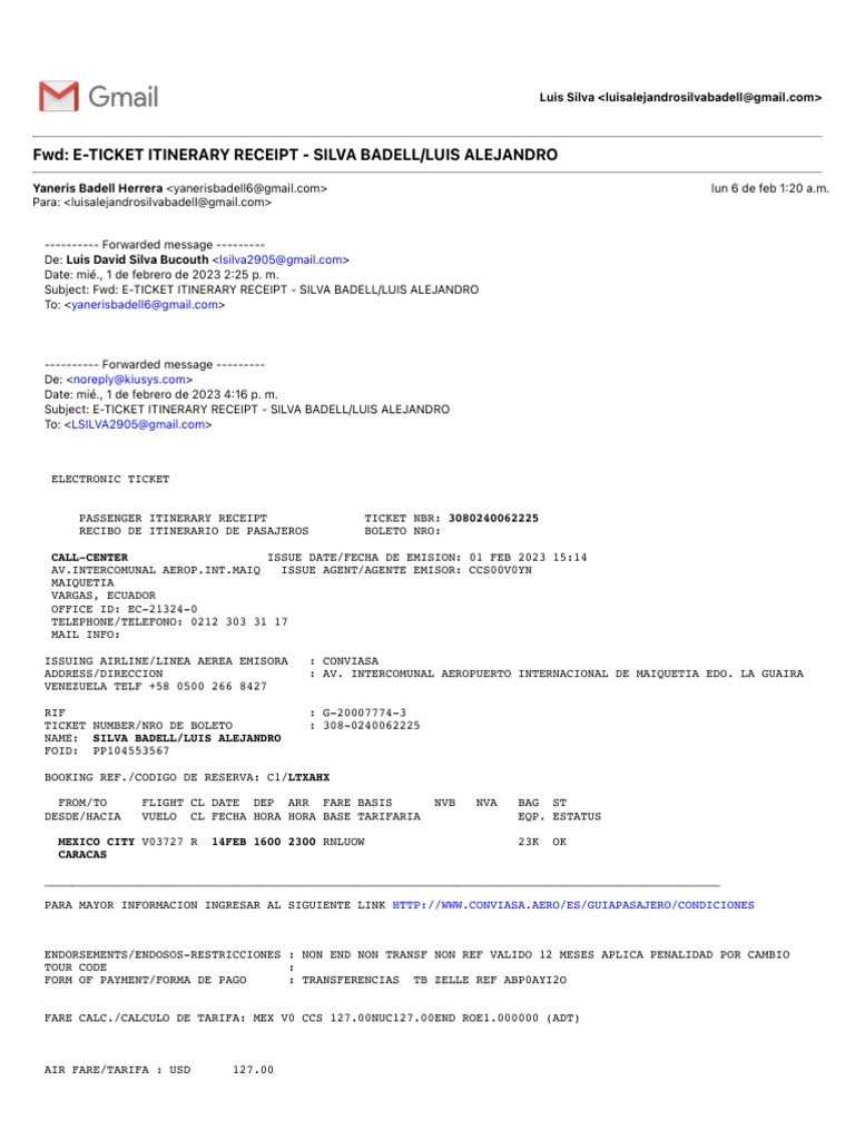FWD: E-TICKET ITINERARY RECEIPT - SILVA BADELL/LUIS ALEJANDRO | PDF ...