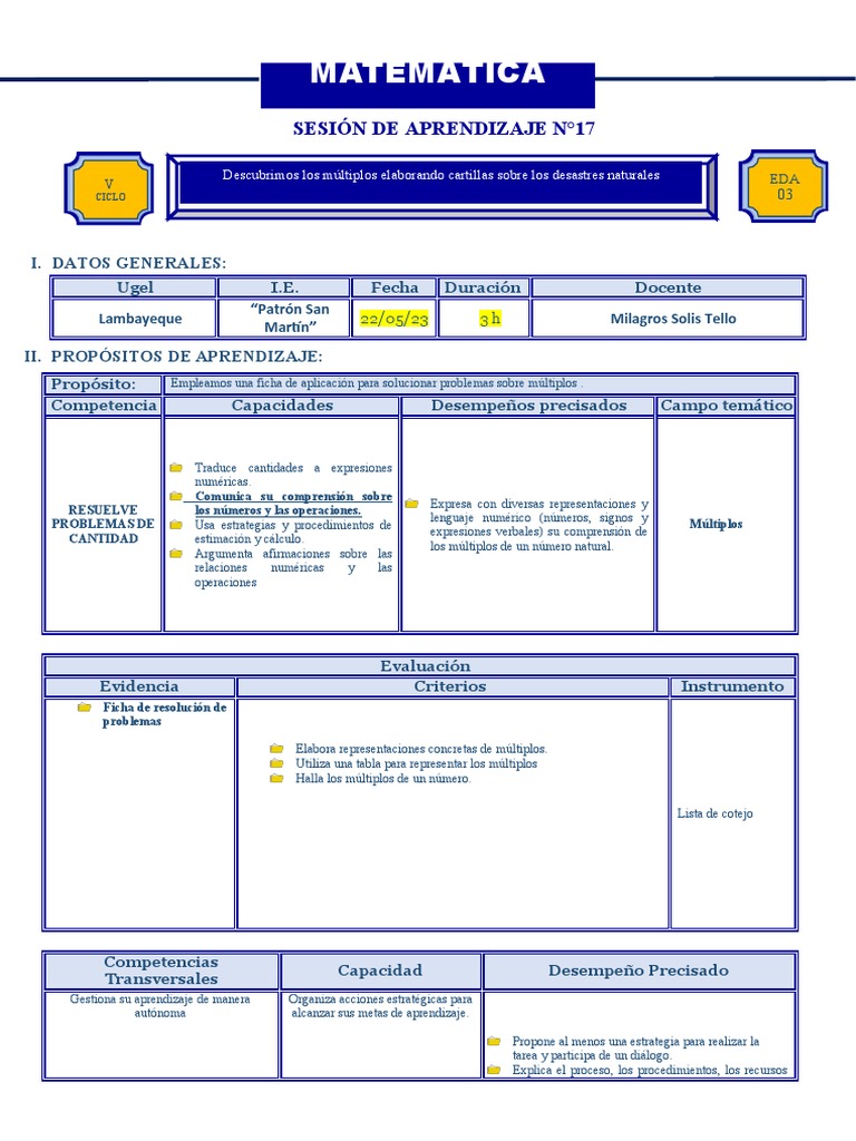 Sesión de Aprendizaje - Mat - Sem.2-Exp.3 | PDF | Aprendizaje | Evaluación