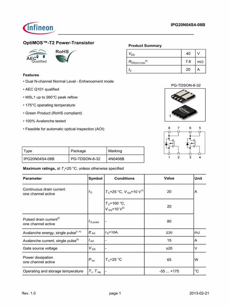 Infineon IPG20N04S4 08B DataSheet v01 00 En | PDF