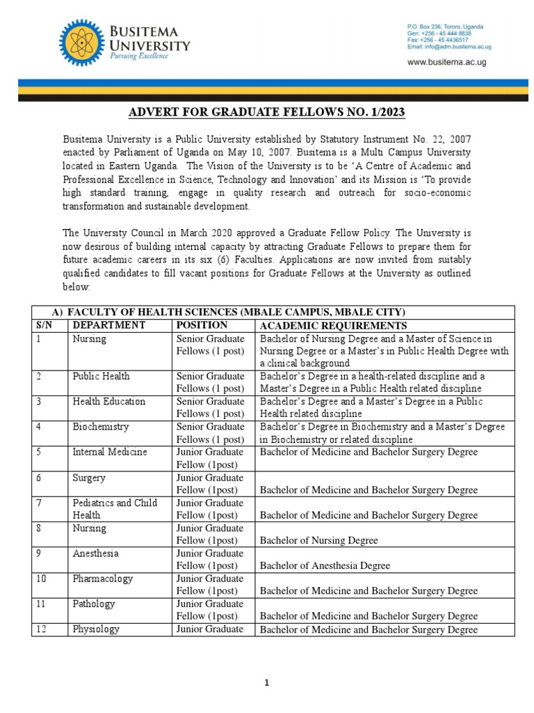 Graduate Fellows Advert Busitema University July 2023 | PDF