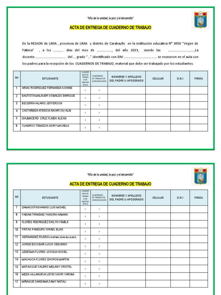 Acta de Entrega - Cuadernos de Trabajo | PDF