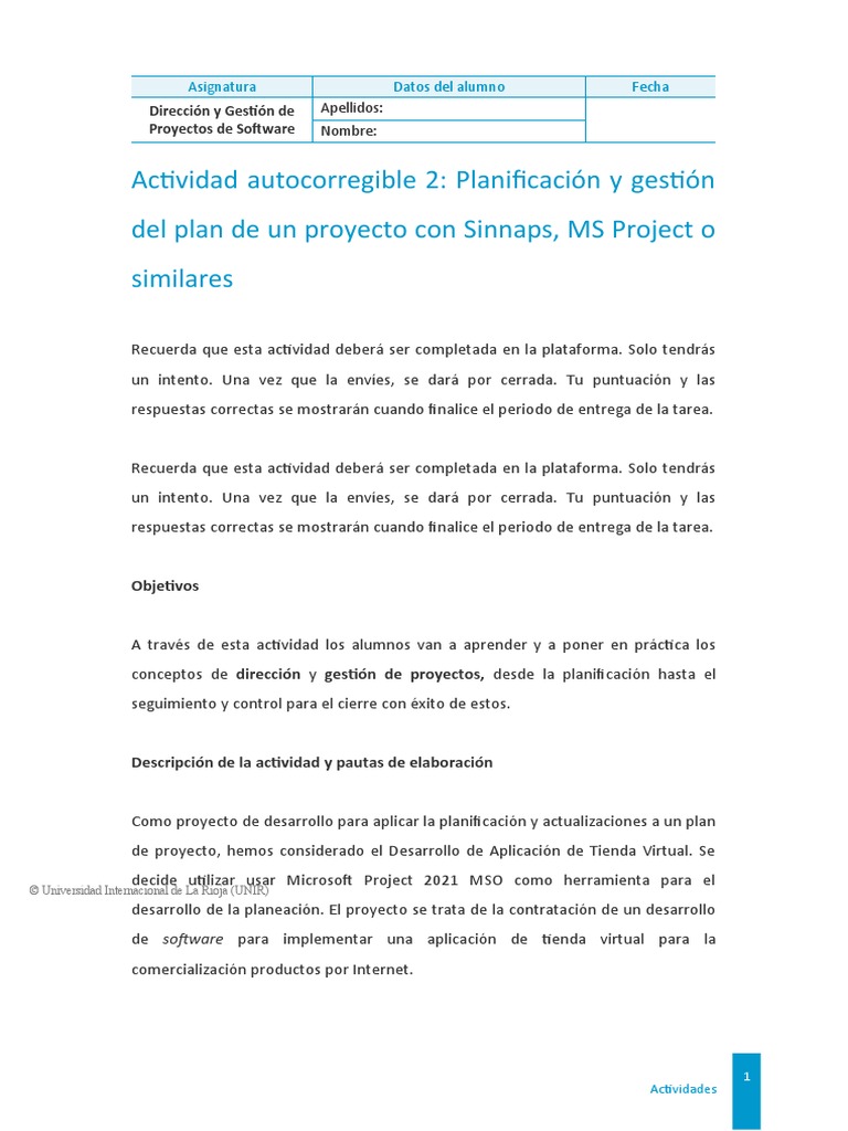 Planificación y Gestión Del Plan de Un Proyecto Con Sinnaps, MS Project o Similares Dirección y ...