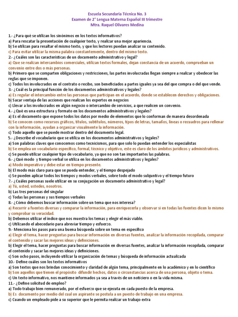 Respuestas de 2° de Secundaria Examen Escrito de Español III Trimestre ...