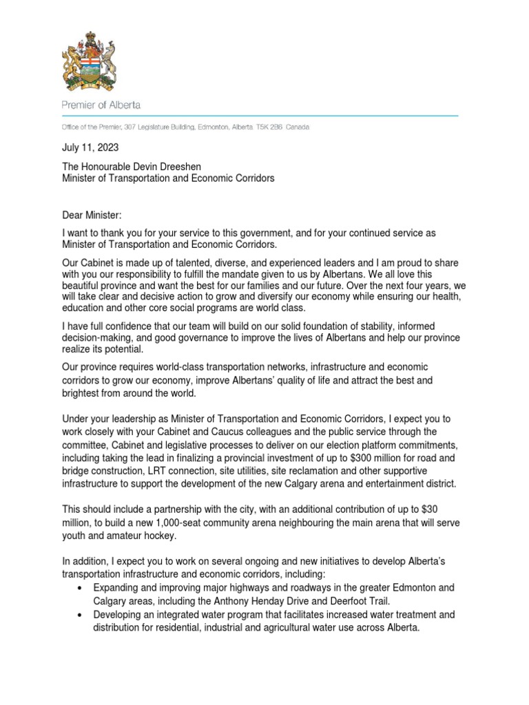 Tec Mandate Letter Transportation and Economic Corridors 2023 | PDF | Alberta | Edmonton