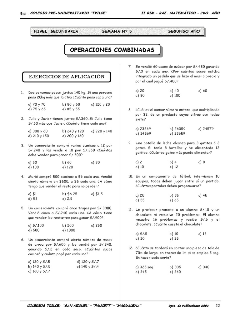 2do Año - Raz - Mat - Guia Nº5 - Operaciones Combinadas | PDF