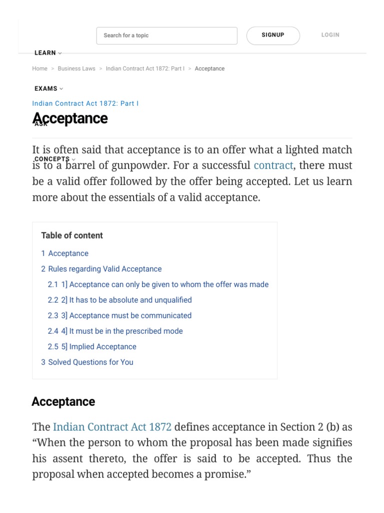 Acceptance - Definition, Rules of Valid Acceptance With Examples | PDF | Offer And Acceptance ...