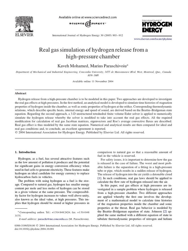 2005 - IJHE - Real Gas Simulation of Hydrogen Release From A High-Pressure Chamber | PDF | Gases ...