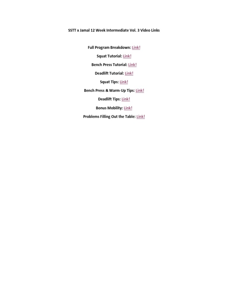 SSTT X Jamal Browners 12 Week Intermediate Vol. 3 Video Links Mmulkt | PDF