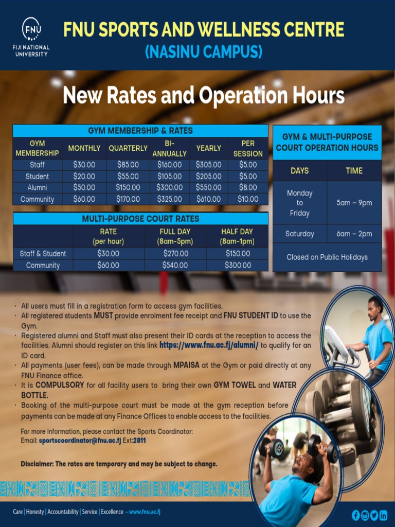 FNU Sports and Wellness Centre New Rates and Operation Hours | PDF ...
