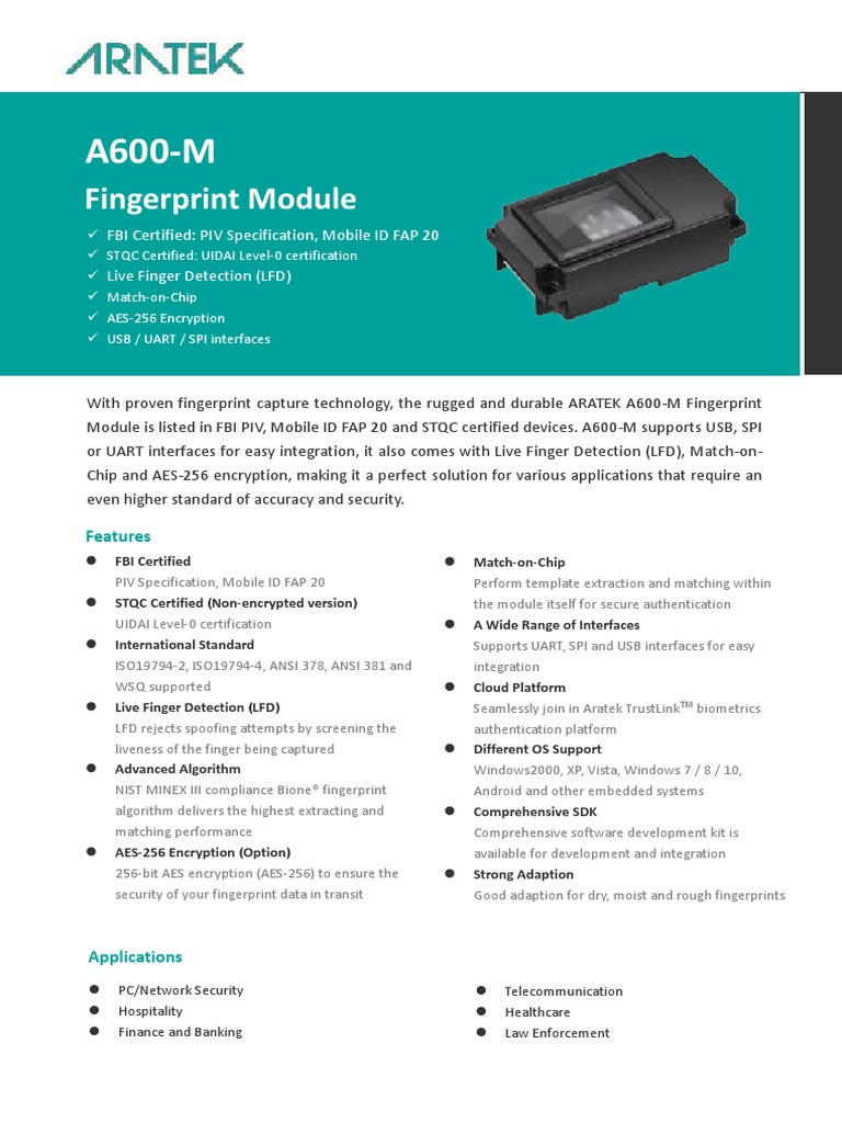 Aratek A600 M FAP20 Fingerprint Module v3 | PDF