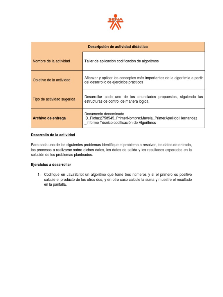 Anexo 03 Taller de Aplicacion Codificacion de Algoritmos 220501096 AA3 EV01 | PDF | Algoritmos ...