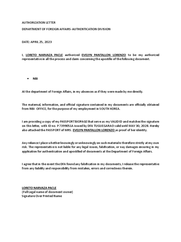 AUTHORIZATION LETTER Dfa | PDF | Law