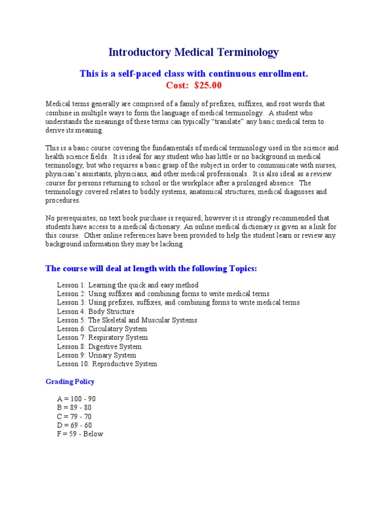 Introductory Medical Terminology - Syllabus | Physician | Health Care