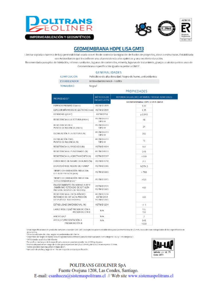 Ficha Tecnica Geomembrana Hdpe 1,5mm Gm13 | PDF