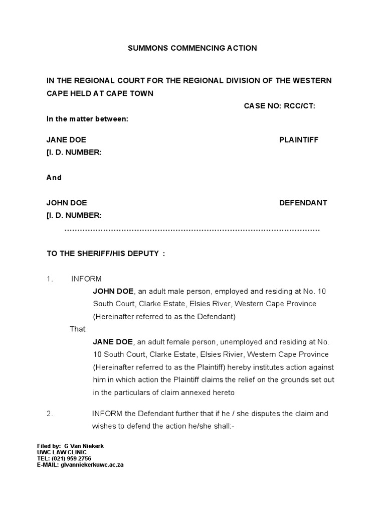 Summons - Cape Town | PDF | Summons | Legal Procedure