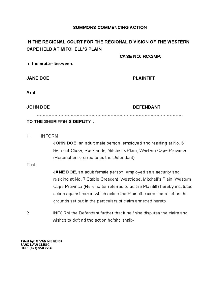 Summons - Mitchell's Plain | PDF | Law