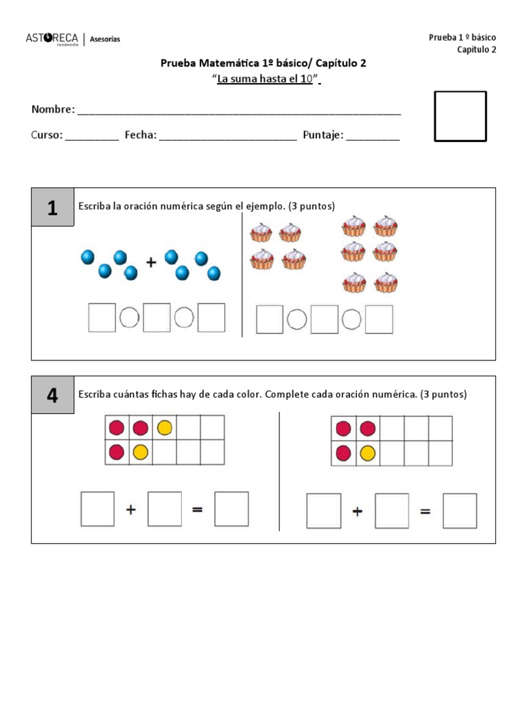 Prueba 1º Básico CAP 2 Suma Hasta El 10 | PDF