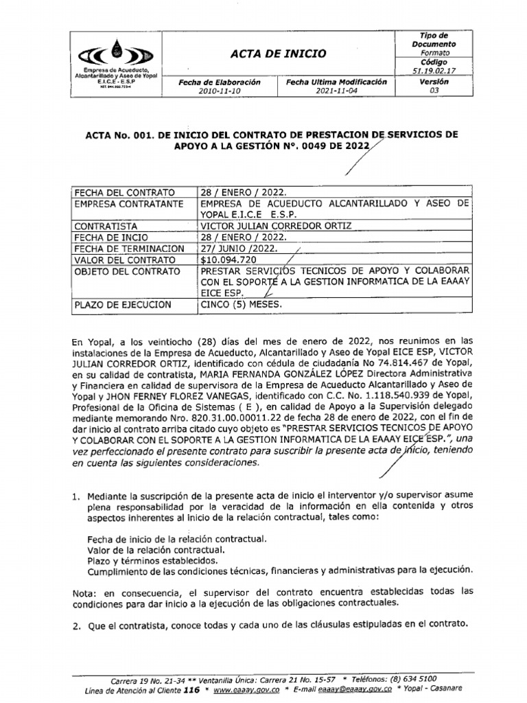 Acta-Inicio - Comodato Cto-49-22 | Descargar gratis PDF | Software | Soporte técnico