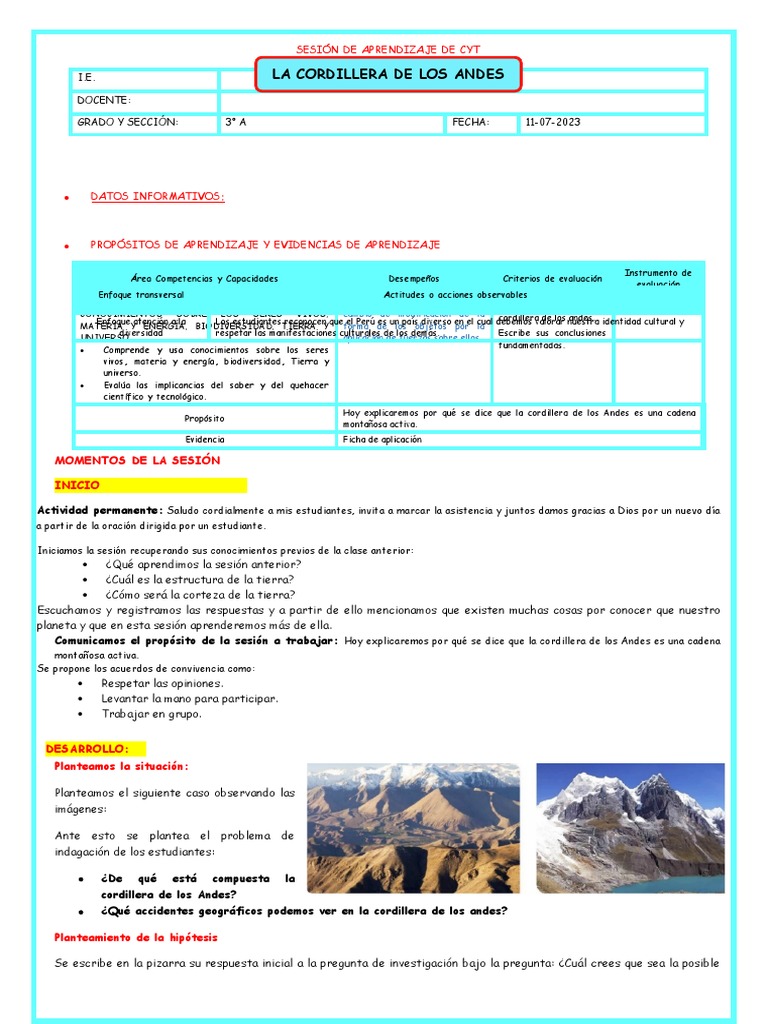 3° Ses Cyt Mart 11 La Cordillera de Los Andes | PDF | Aprendizaje | Evaluación