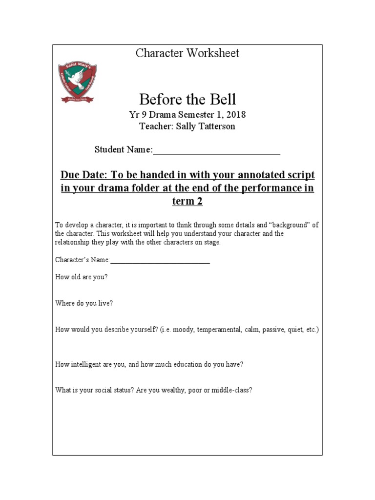 CharacterWorksheet Y9 | PDF