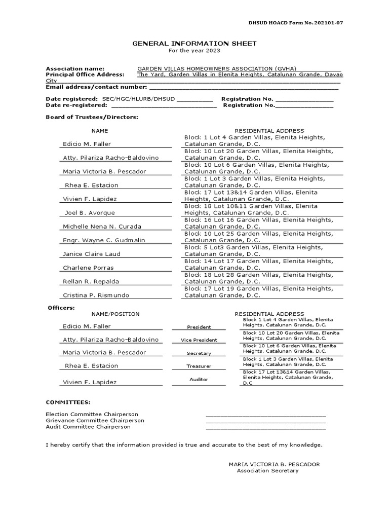 5 - General Information Sheet - GVHOA | PDF