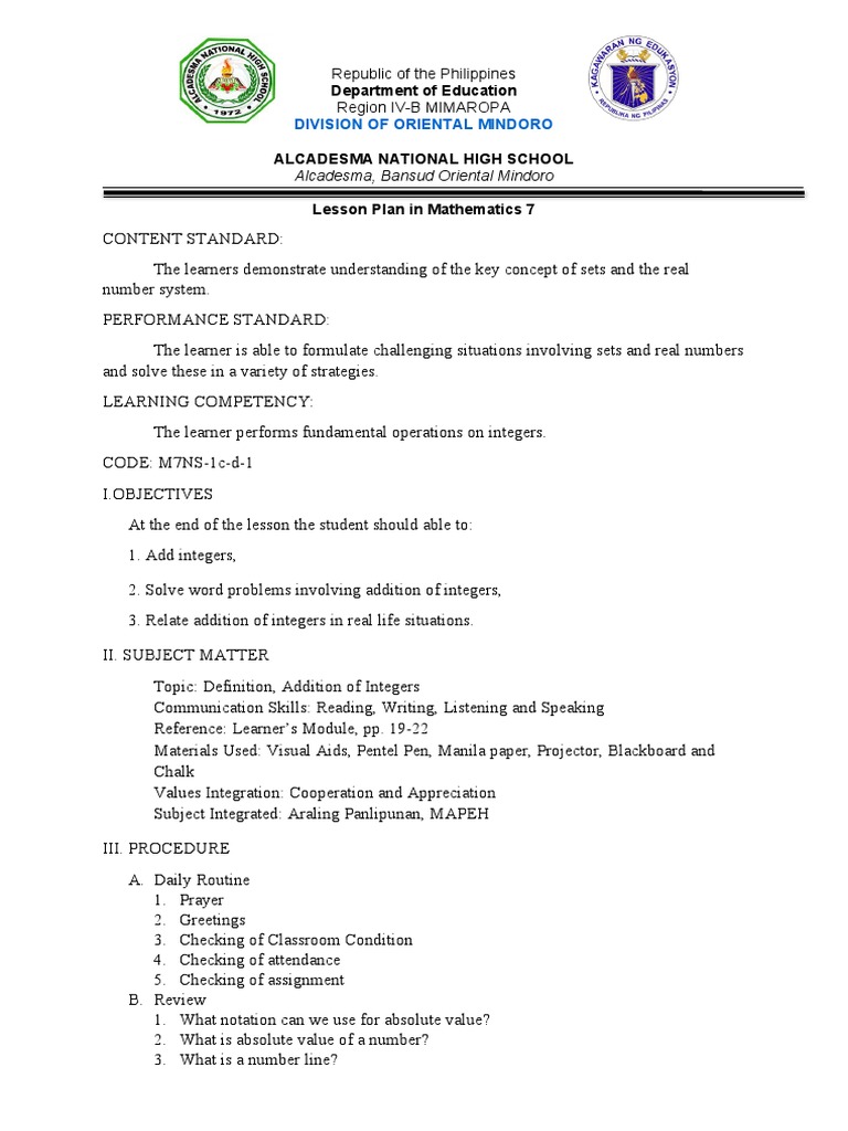 Addition Of Integers Pdf Learning Lesson Plan 