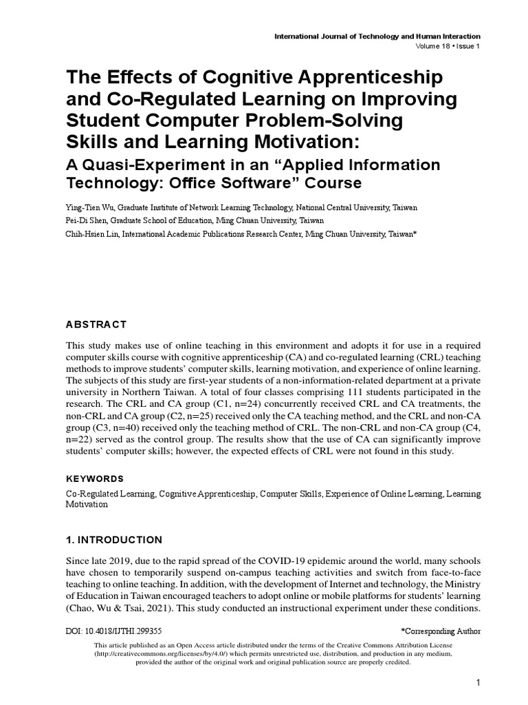 The Effects of Cognitive Apprenticeship and Co-Regulated Learning On Improving Student Computer ...