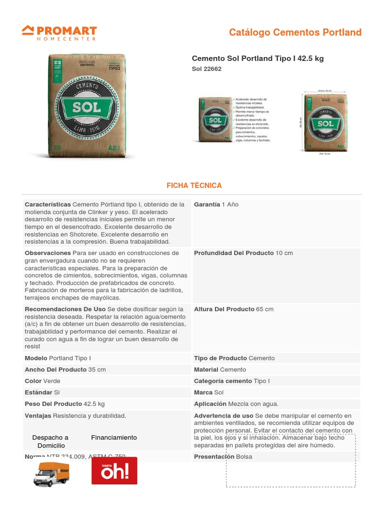 Ficha Tecnica Cemento Sol Portland Tipo I | PDF | Cemento | Hormigón
