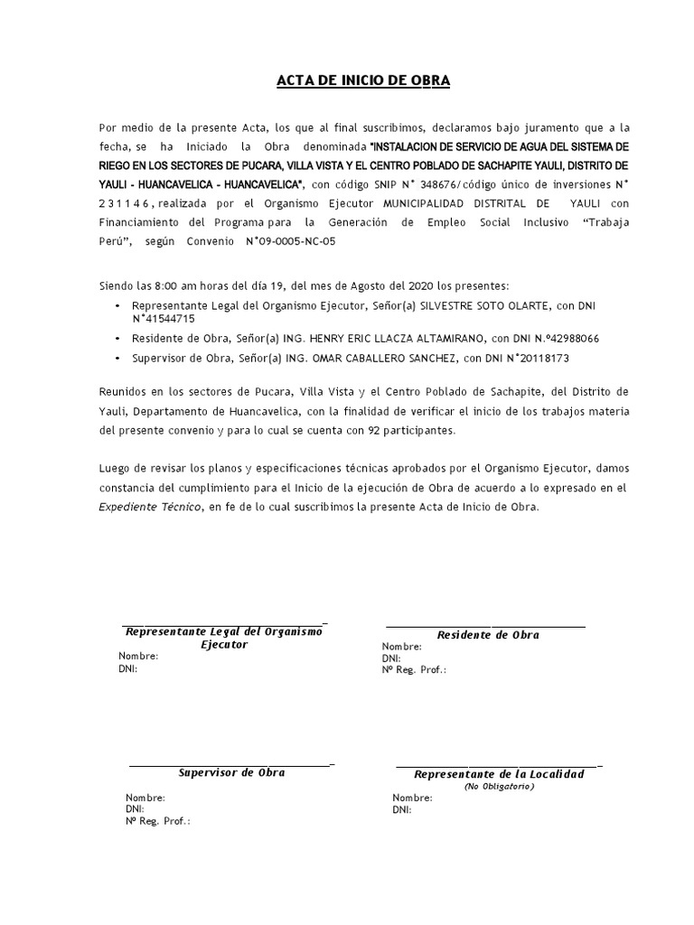 Acta de Inicio de Obra | PDF