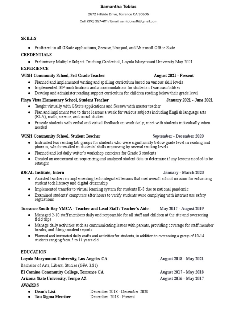 Samantha Tobias Resumé | PDF | Teachers | Cognition