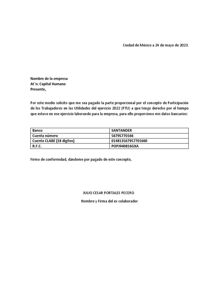 Formato Para Pago de PTU 2022_ex_colaborador(1) | PDF