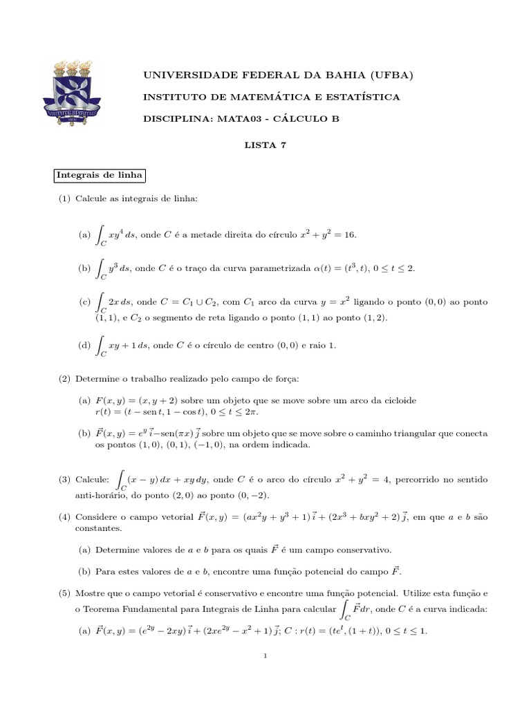 Lista Integral de Linha Cálculo B | PDF Lista Integral de Linha Cálculo B | PDF