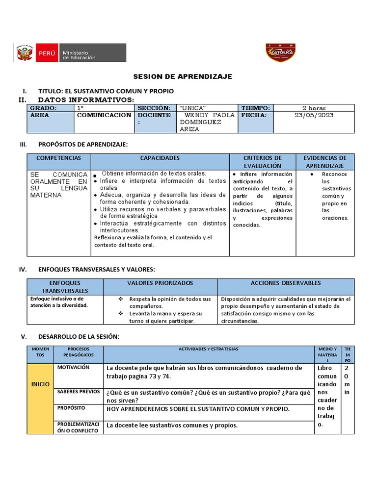 Sustantivos Comunes y Propios en 1º Grado | PDF | Evaluación | Aprendizaje
