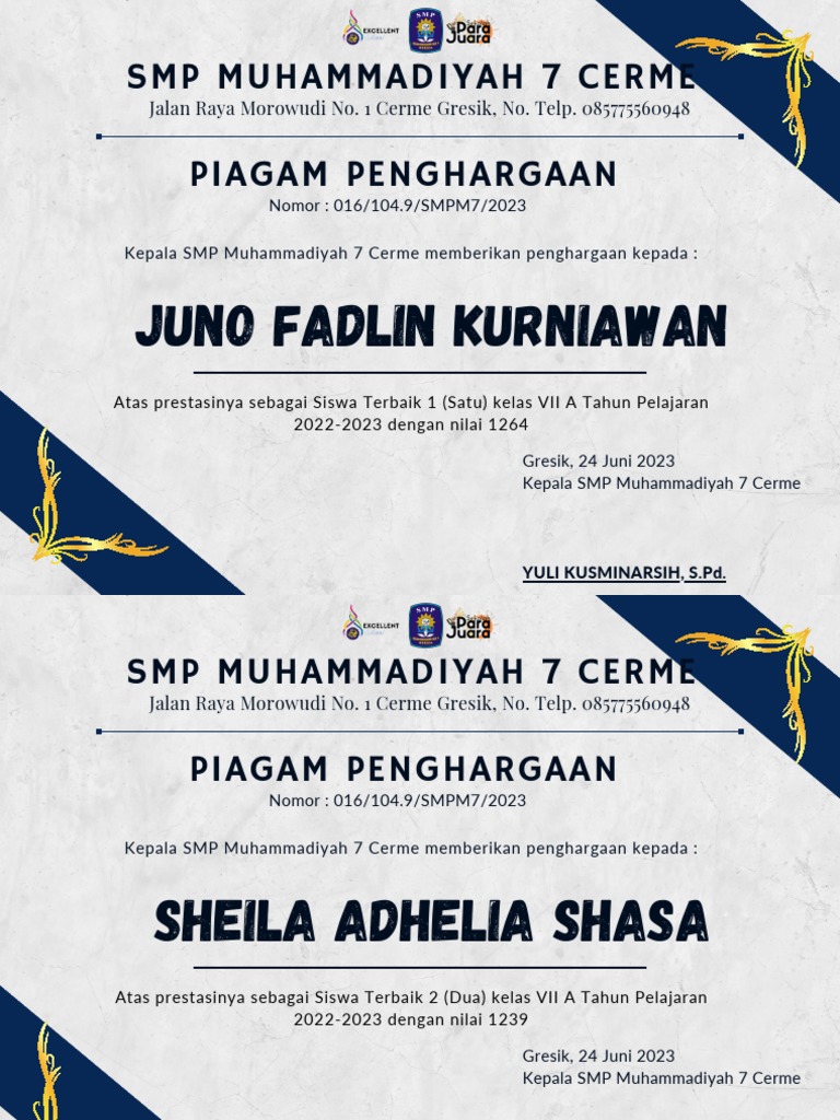 PIAGAM PENGHARGAAN SISWA TERBAIK | PDF