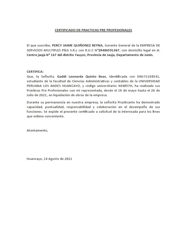 Certificado de Practicas Pre Profesionales | PDF