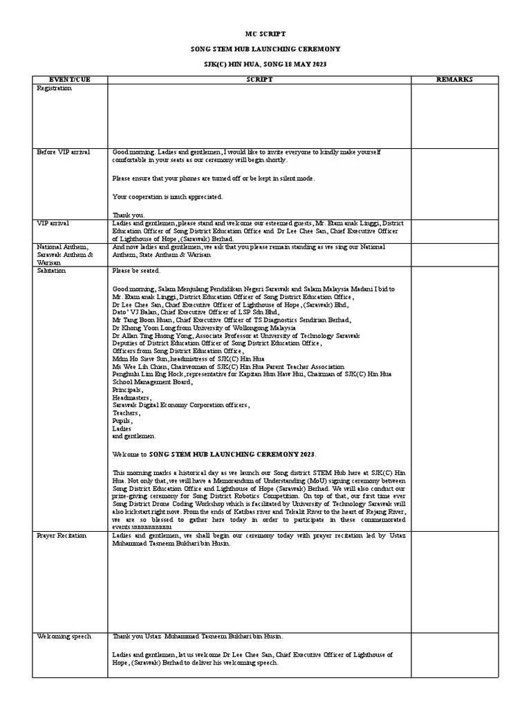 SJKC Hin Hua STEM Hub Launching Ceremony MC Script | Download Free PDF ...