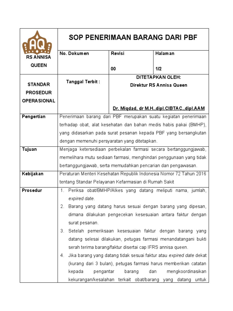 Sop Penerimaan Obat PBF | PDF