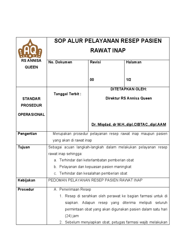 14 Sop Pelayanan Resep Pasien Rawat Inap Pdf