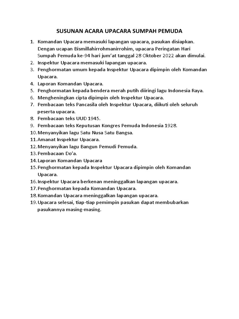 Susunan Acara Upacara Sumpah Pemuda | PDF