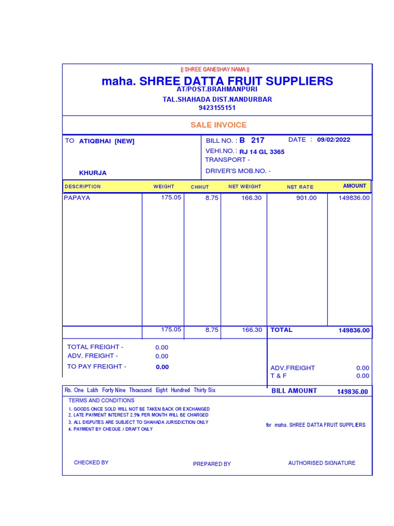 Maha. Shree Datta Fruit Suppliers: Sale Invoice | PDF