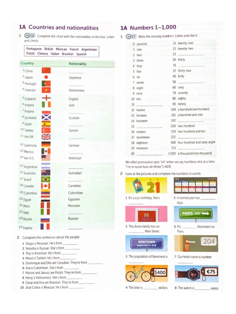 1A COUNTRIES AND NUMBERS 1-1,000 | PDF