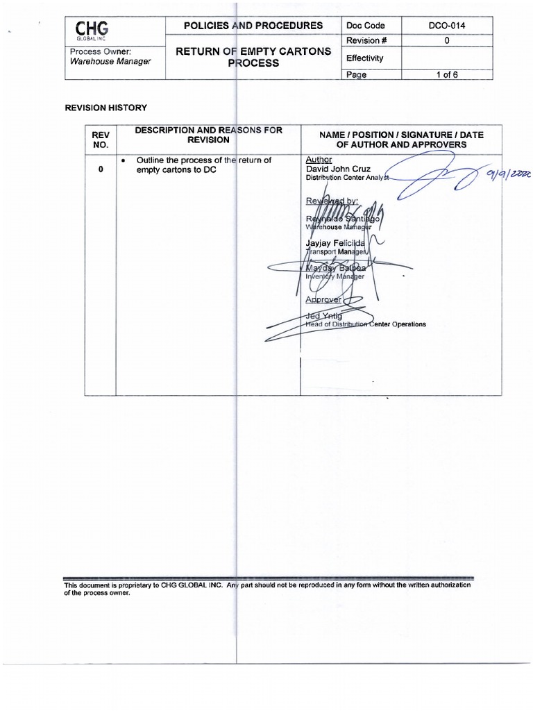 DCO-SOP-014 Return of Empty Carton Process Rev0 | PDF