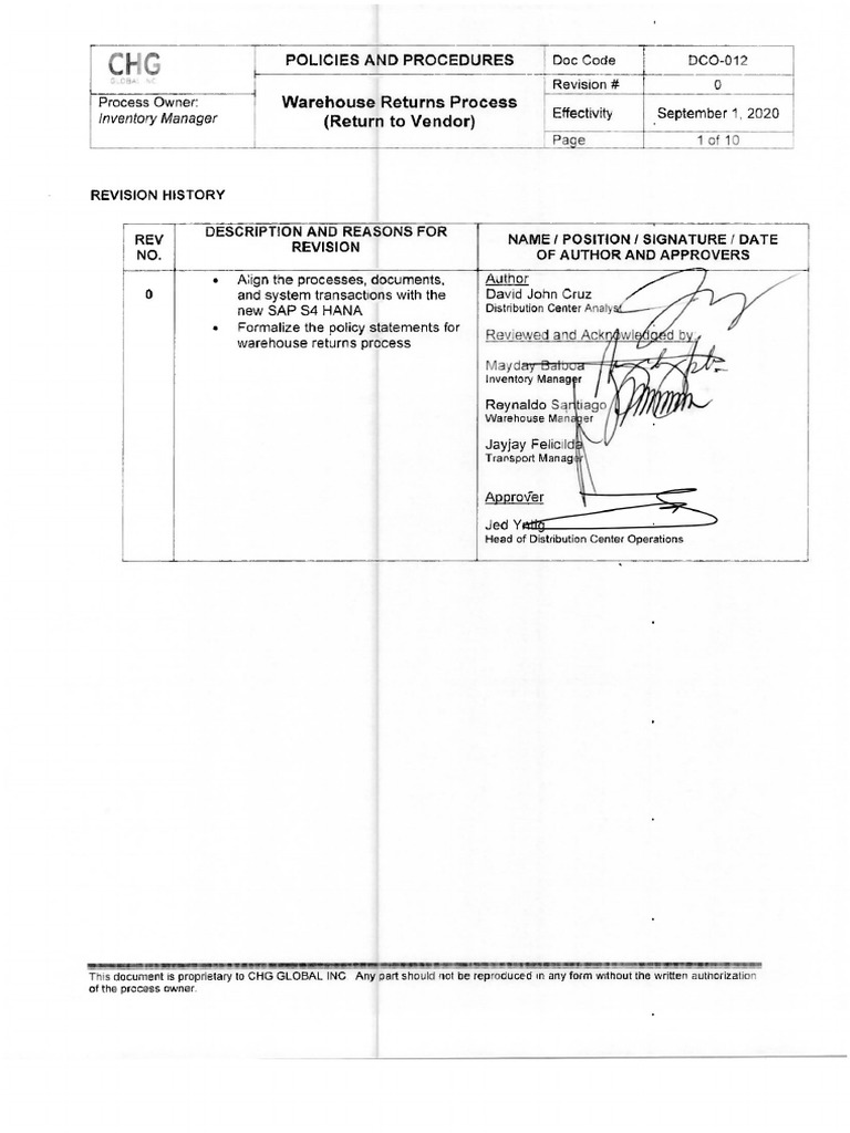 DCO-SOP-012 Warehouse Returns Process (Return To Vendor) Rev0 | PDF
