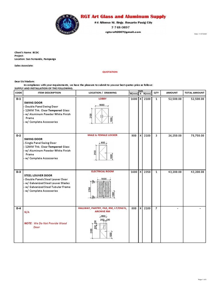 Quotation for Glass and Aluminum Doors | PDF | Window | Door