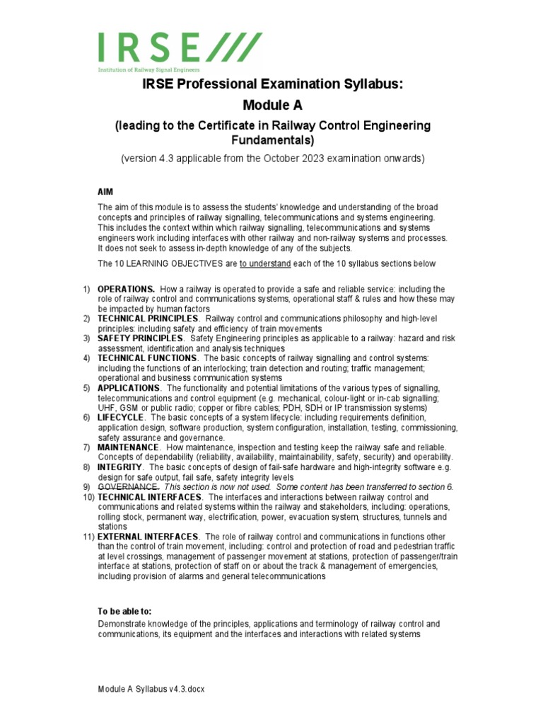 IRSE Module A Exam Syllabus Overview | PDF | System | Telecommunications