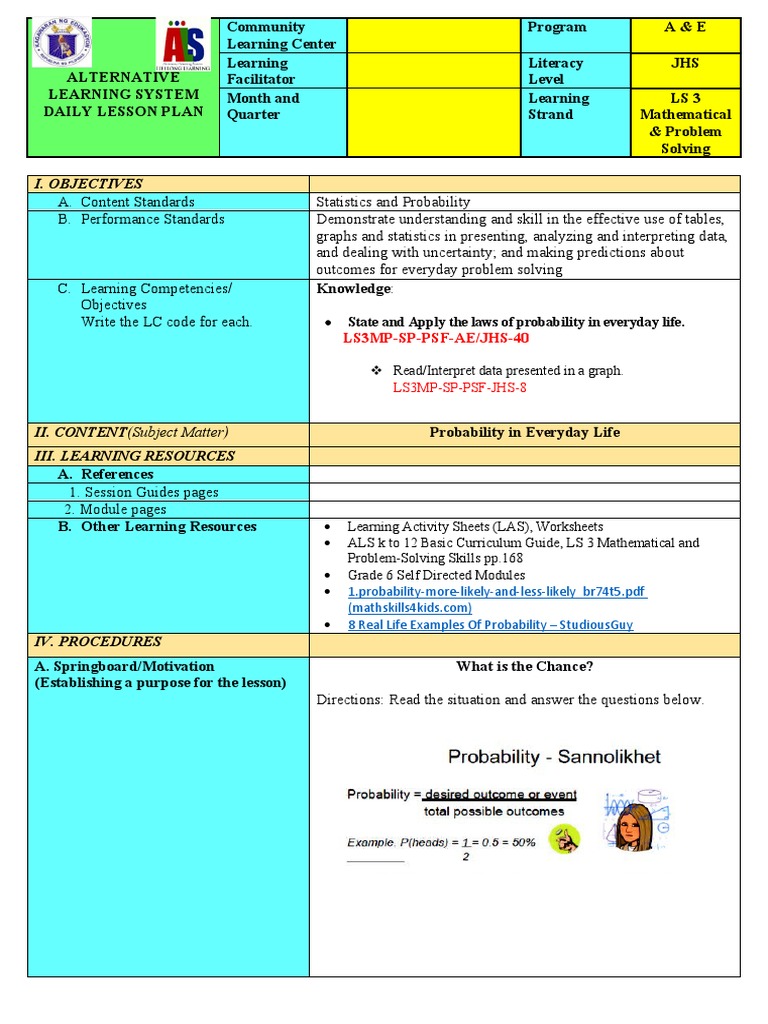 week1-JHS-LS3 Math DLL (Law of Probability) | PDF | Probability | Experiment