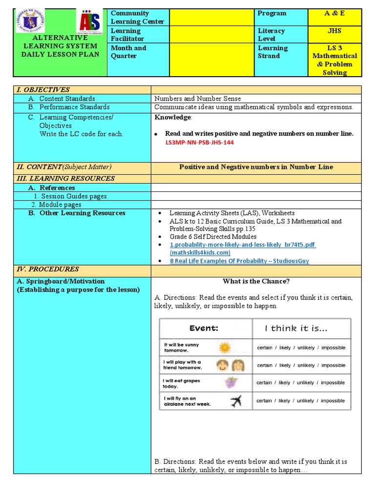 LS3 Math DLL (Read and Write Positive-Negative Numbers) | PDF ...