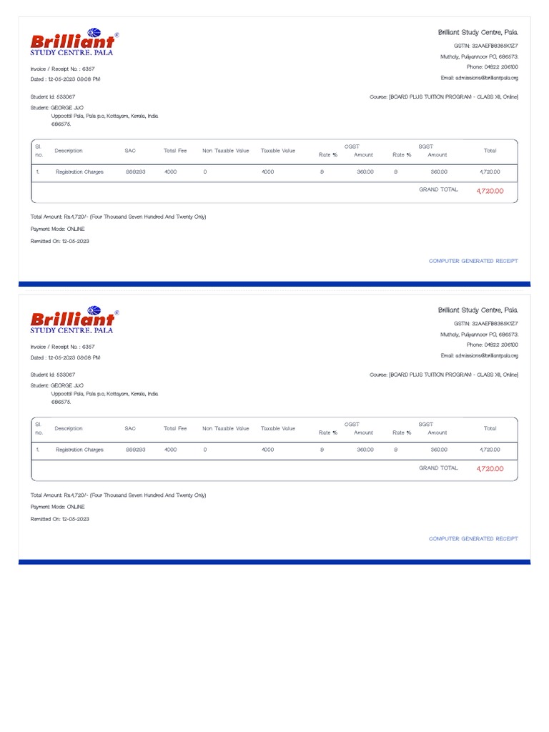 Brilliant Study Centre, Pala | PDF | Receipt | Services (Economics)
