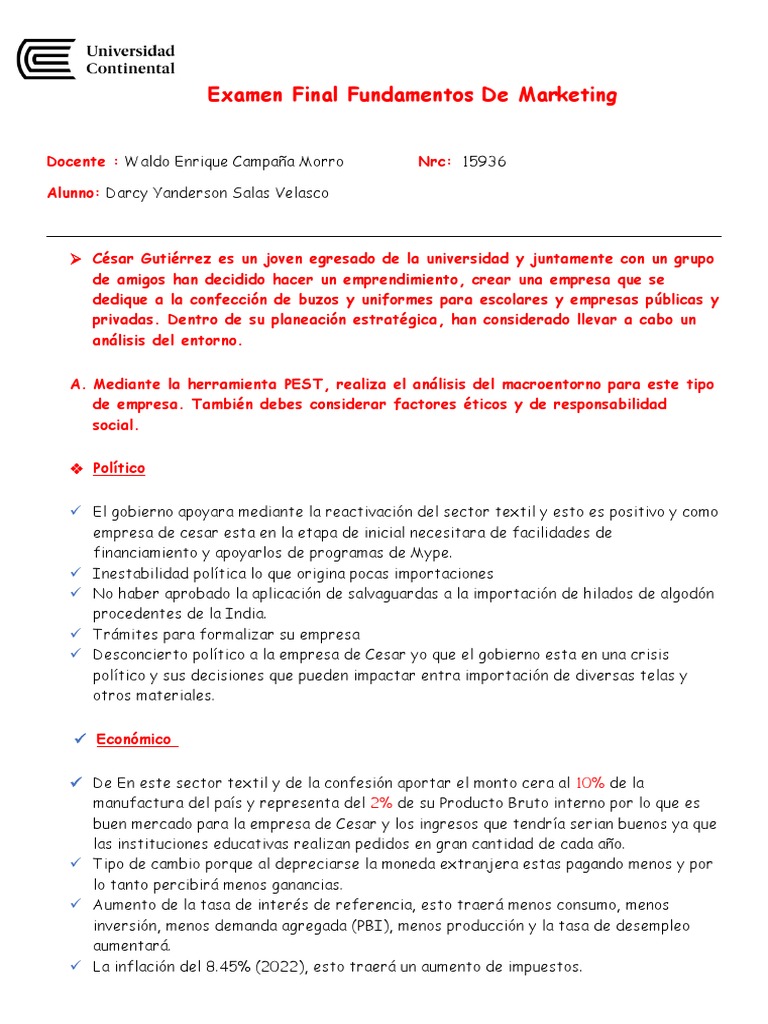 Examen Final Fundamentos de Marketing Darcy | Descargar gratis PDF | Business | Marketing