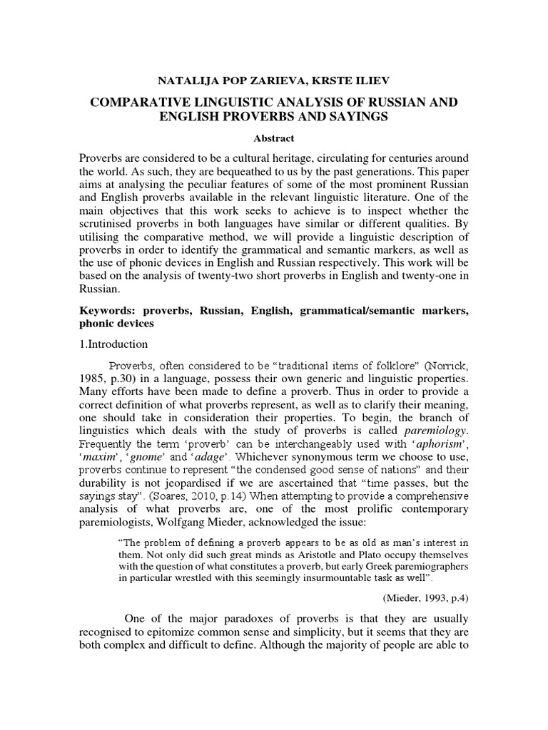 Comparative Linguistic Analysis of Russian and English Proverbs and ...